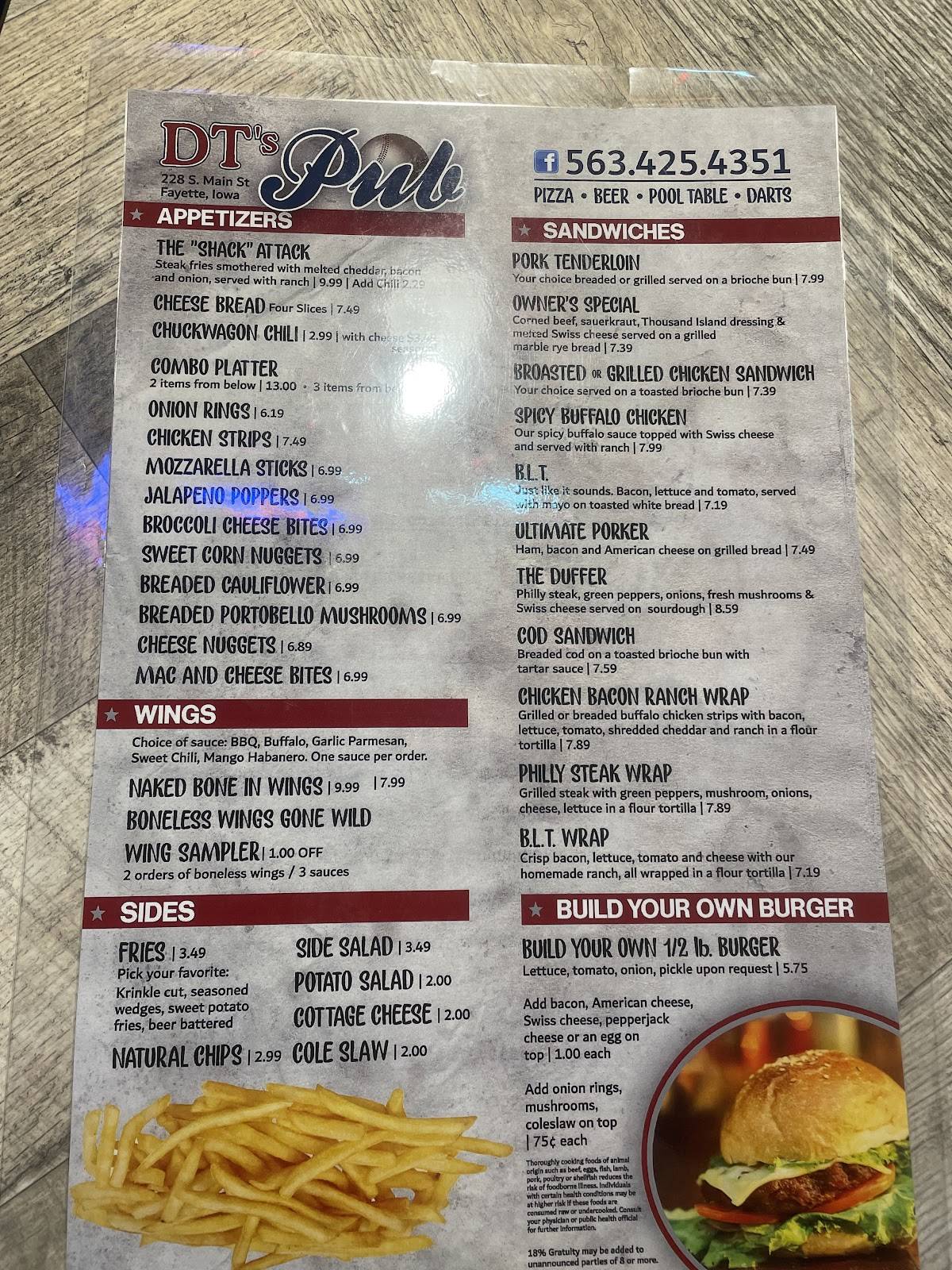 Menu at Dt's Pub & Primetime, Fayette