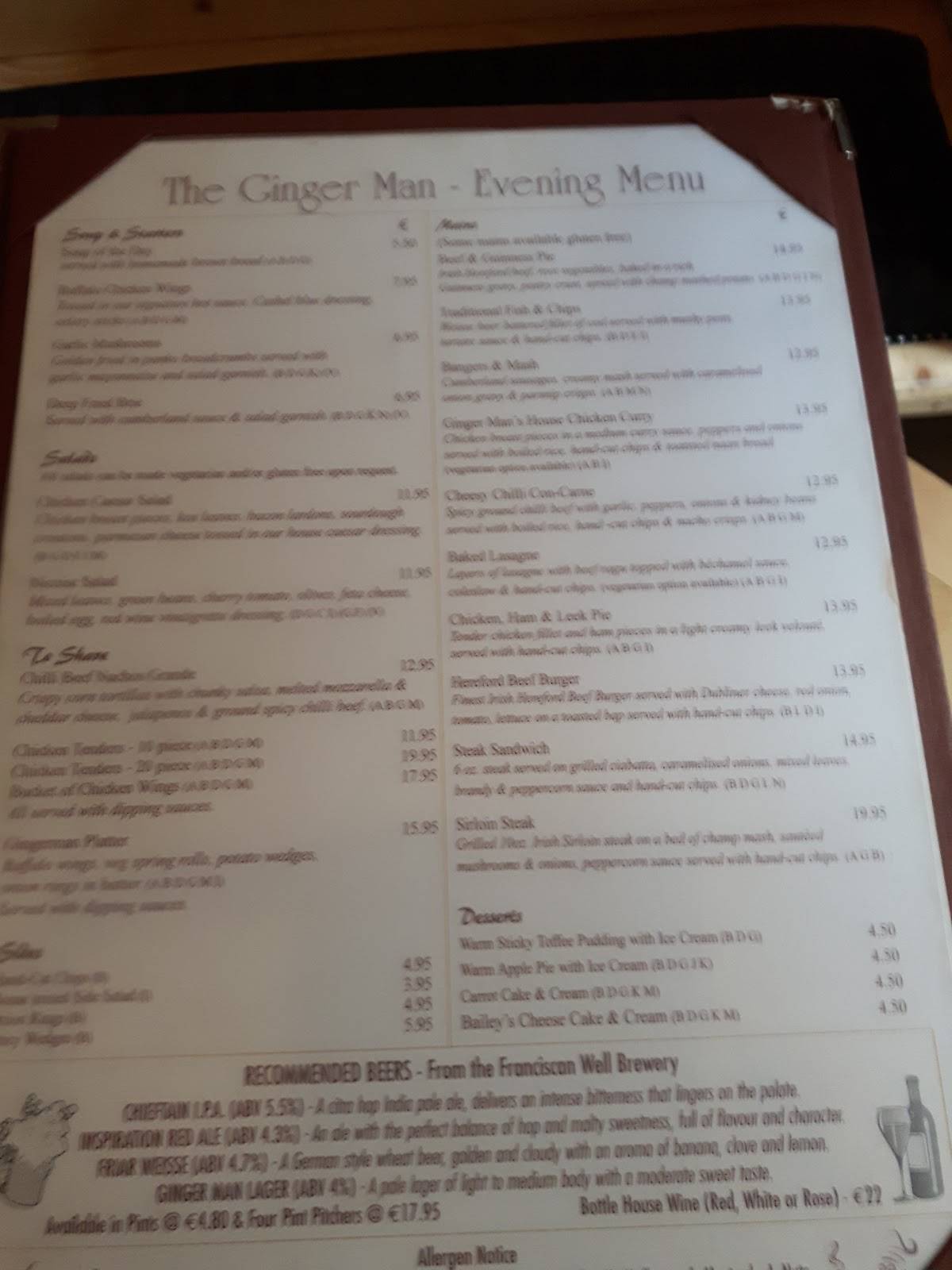Menu at The Ginger Man pub & bar, Dublin