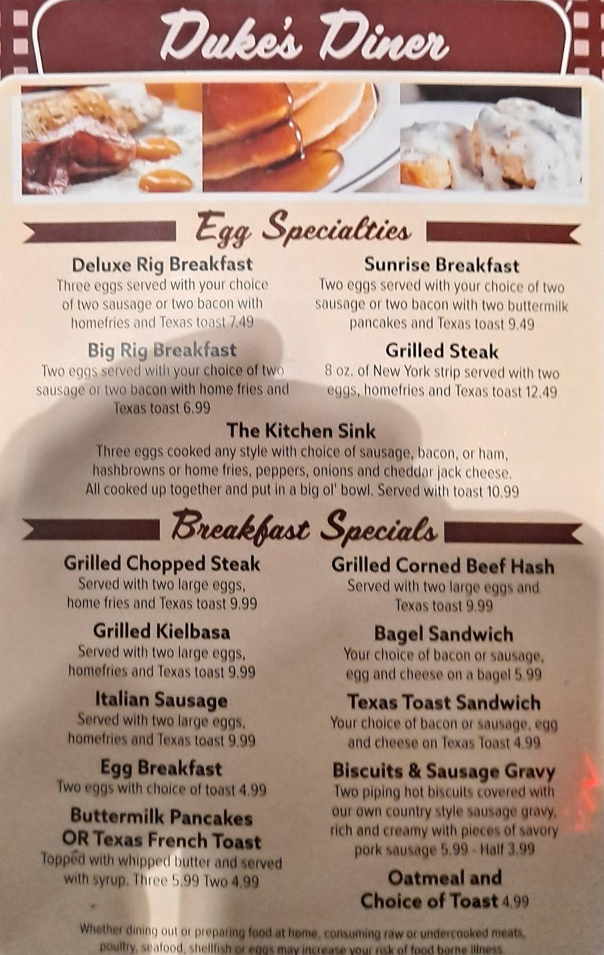 Menu at Duke's Diner restaurant, Eighty Four