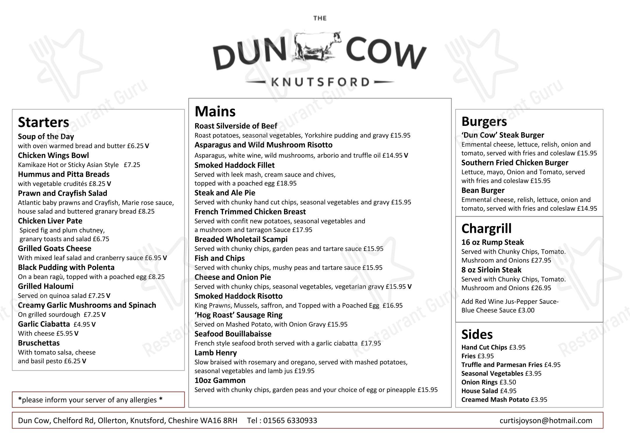 Menu at Dun Cow pub & bar, Ollerton, Chelford Rd