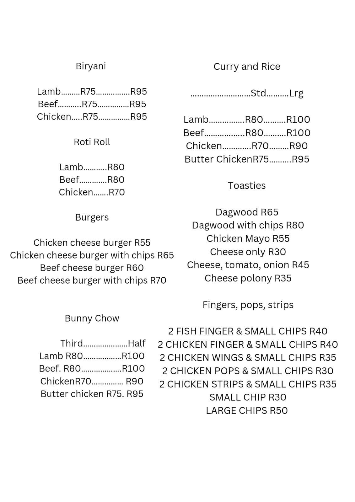Menu at Durban Curry Den, Pretoria