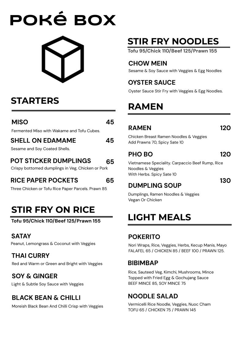 Menu at Poké Box restaurant, Durban