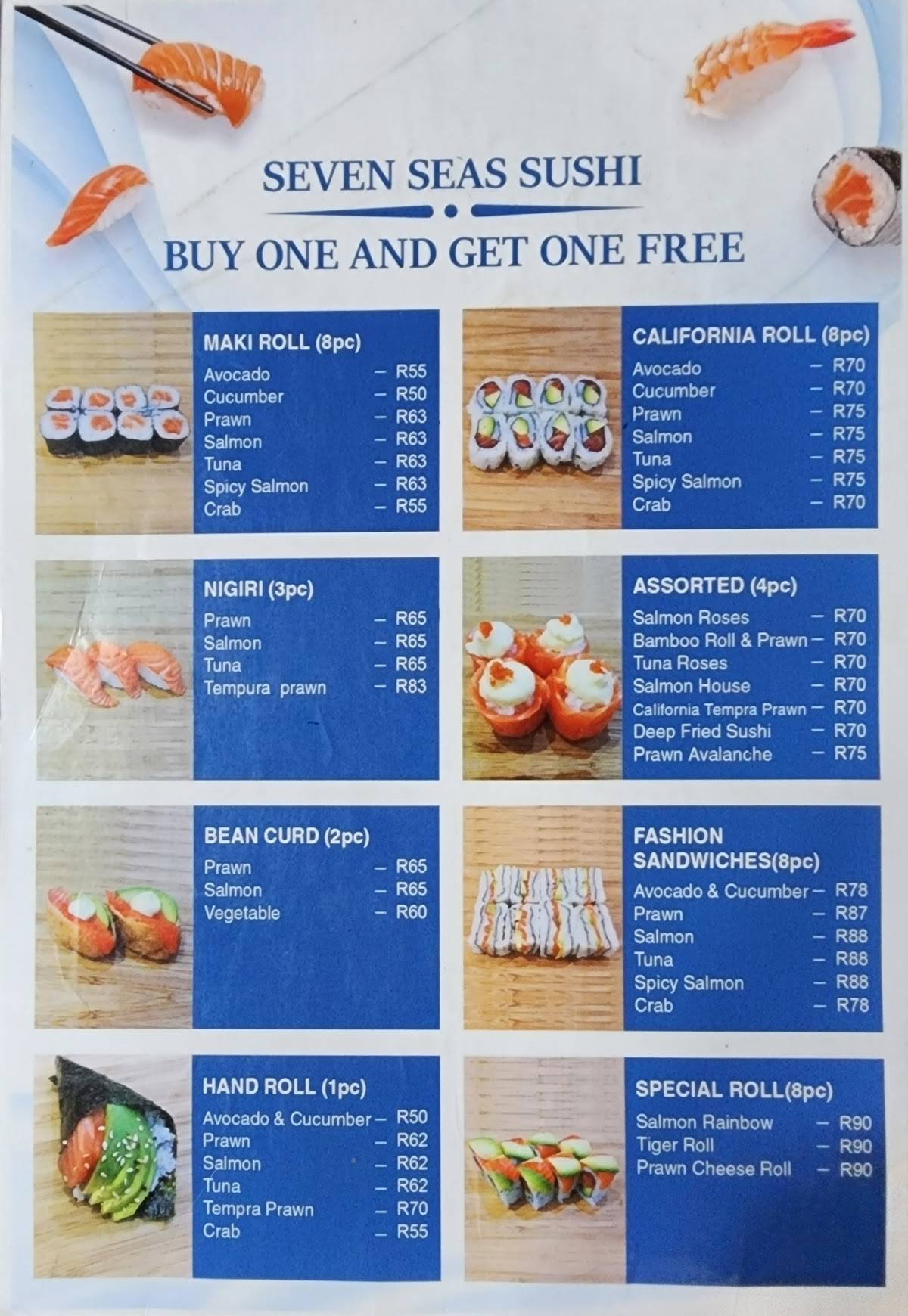 Menu at Seven Seas Sushi restaurant, Durban