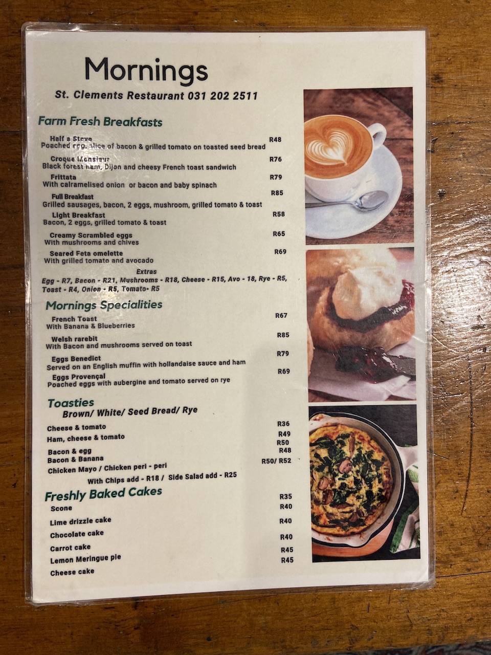 Menu at St. Clements Restaurant, Durban