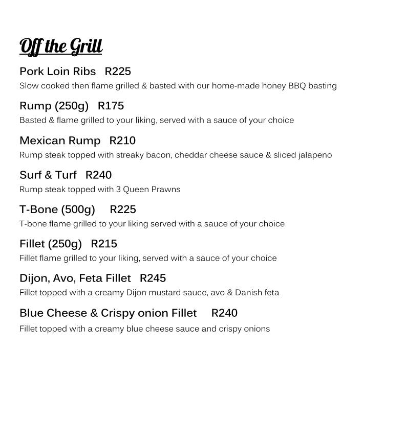 Menu at The Lookout restaurant, Durban