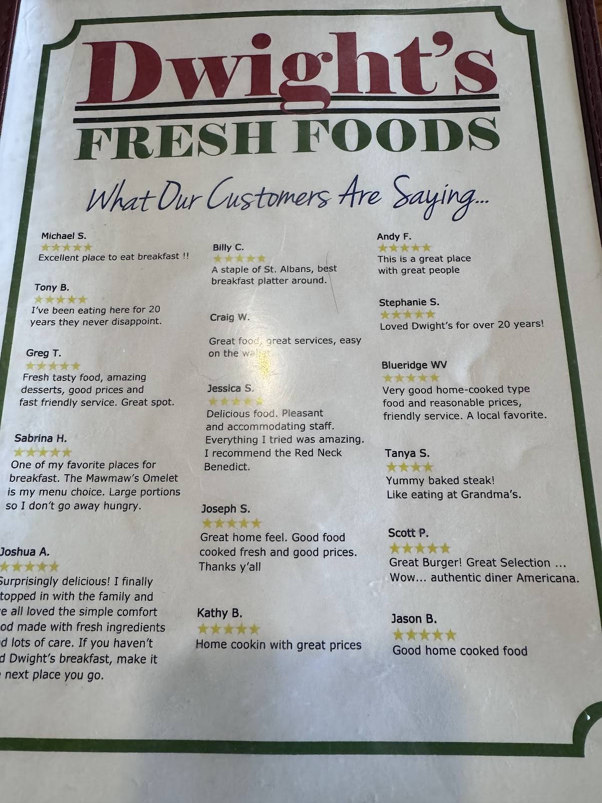 Menu at Dwight's Of St. Albans restaurant, Saint Albans