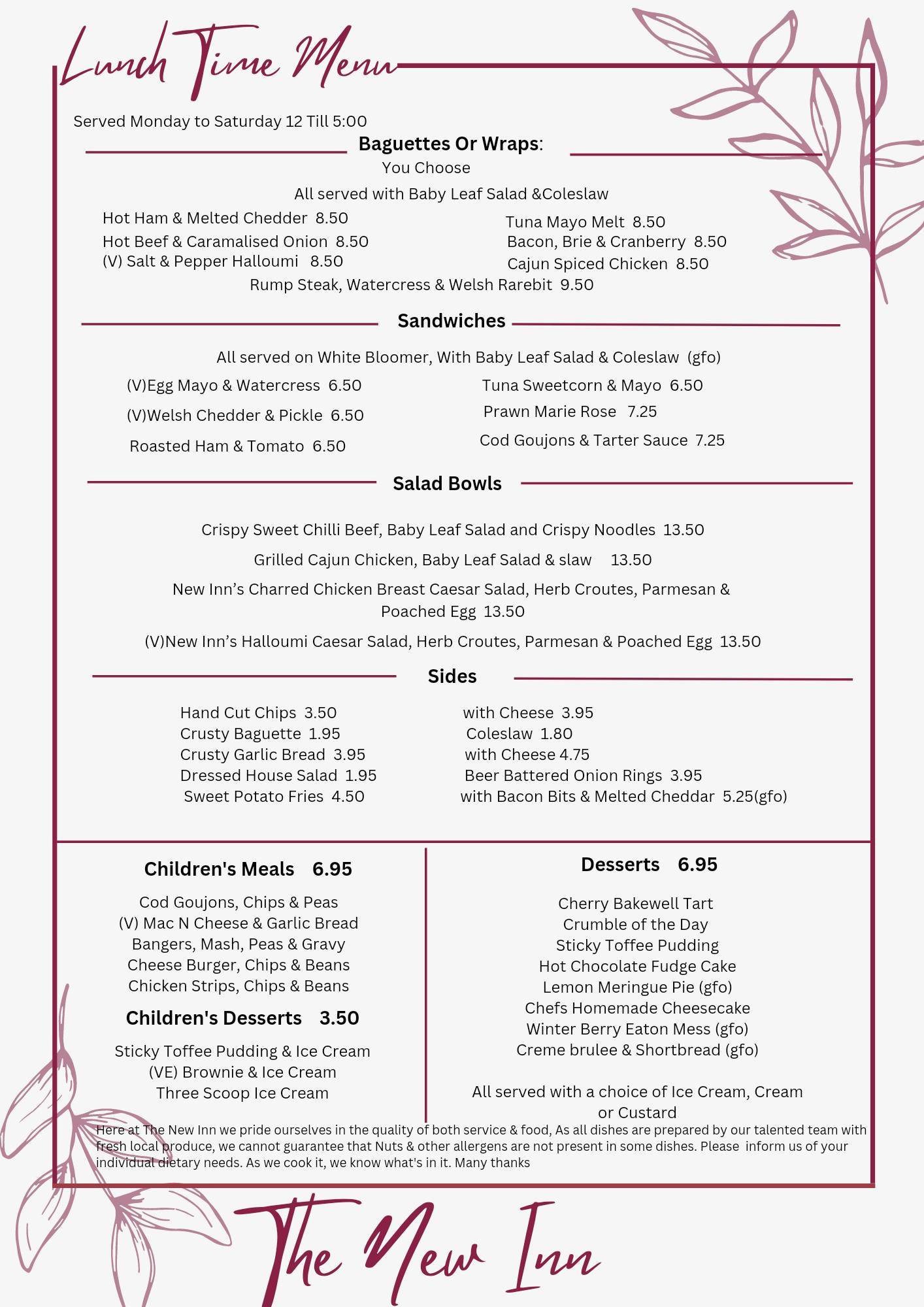 Menu at The New Inn pub & bar, Dyserth
