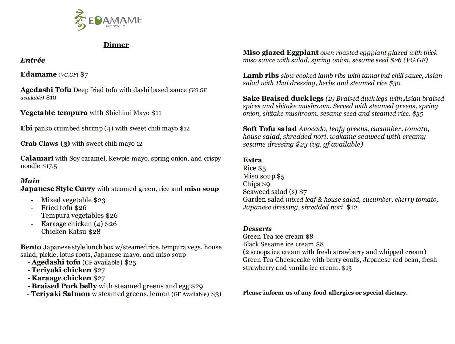 Menu at EDAMAME at Montville restaurant, Montville