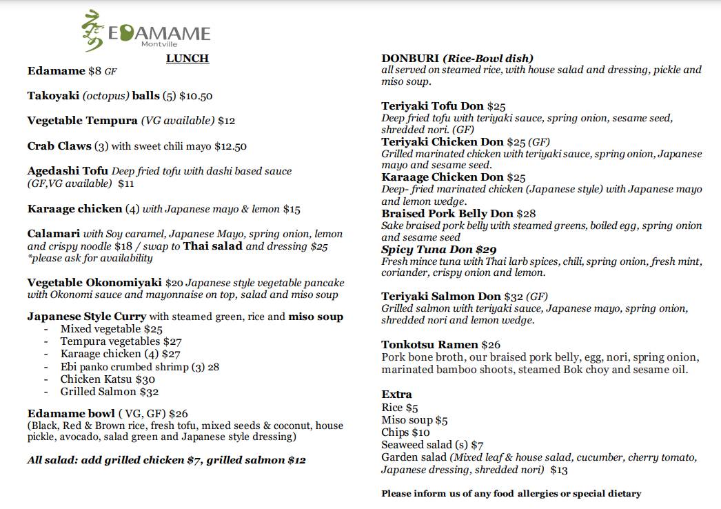 Menu at EDAMAME at Montville restaurant, Montville