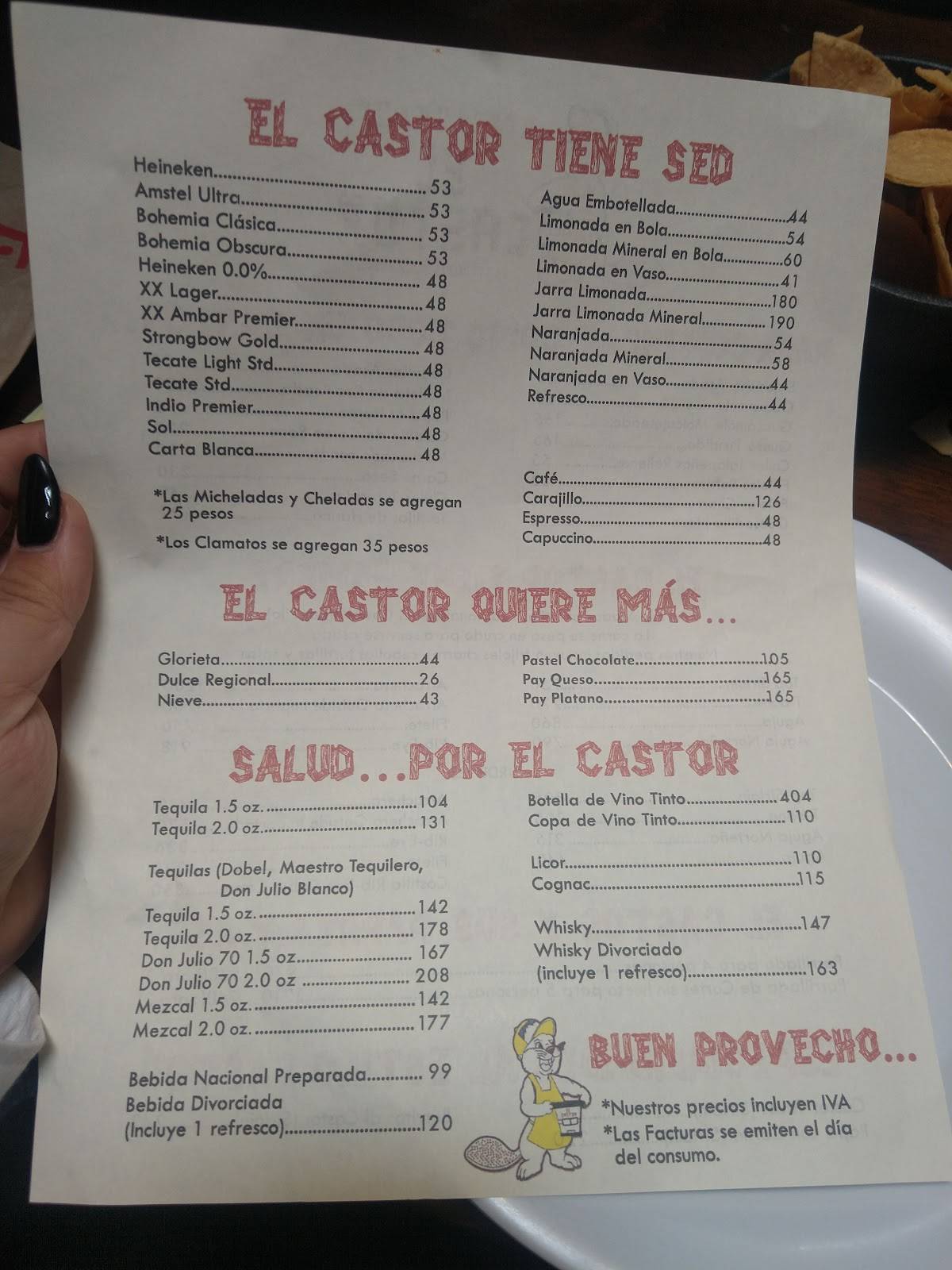 Carta del restaurante EL CASTOR PABELLON M, Monterrey, Constitución ...