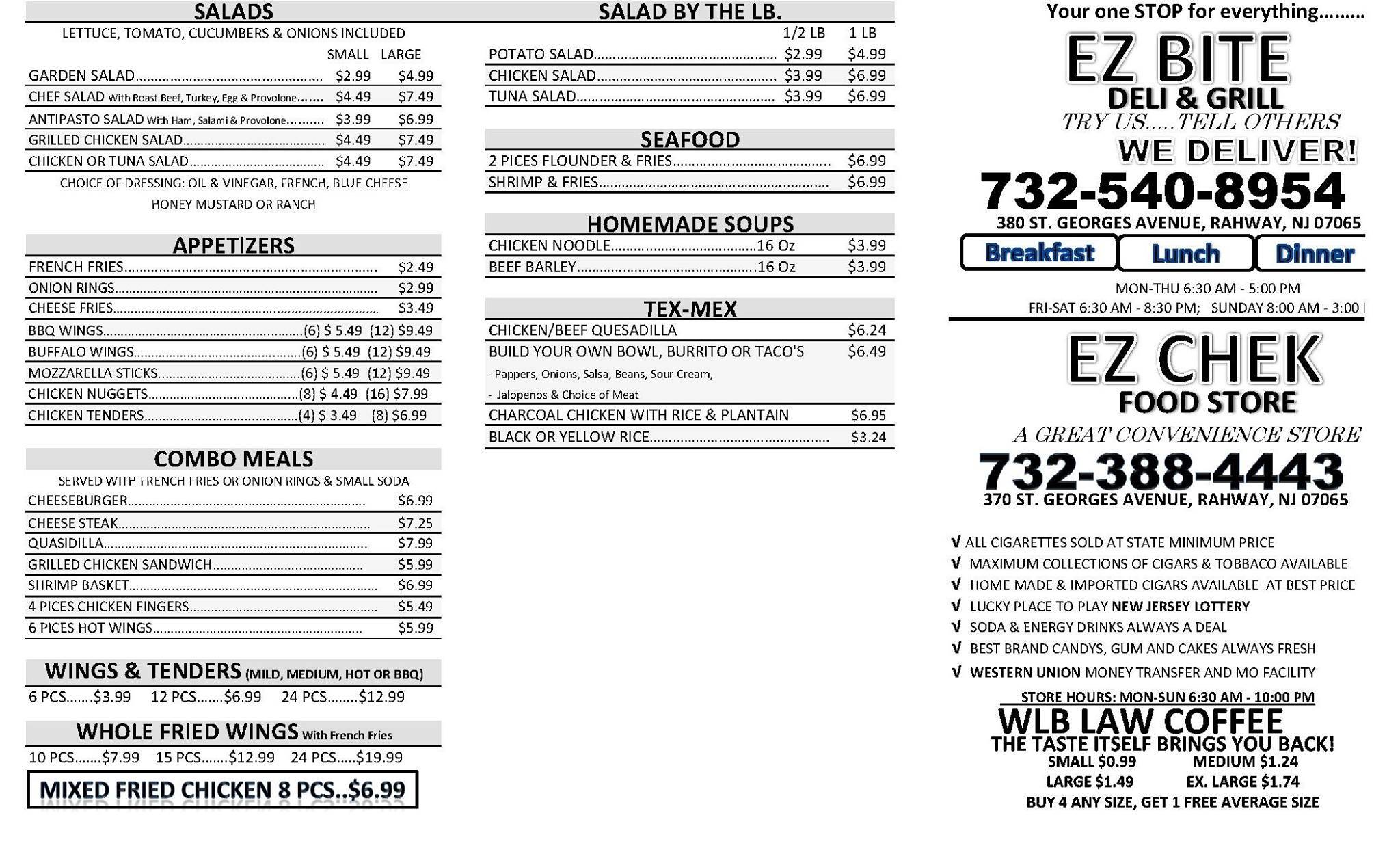 Carta del restaurante EZ BITE DELI & GRILL, Rahway