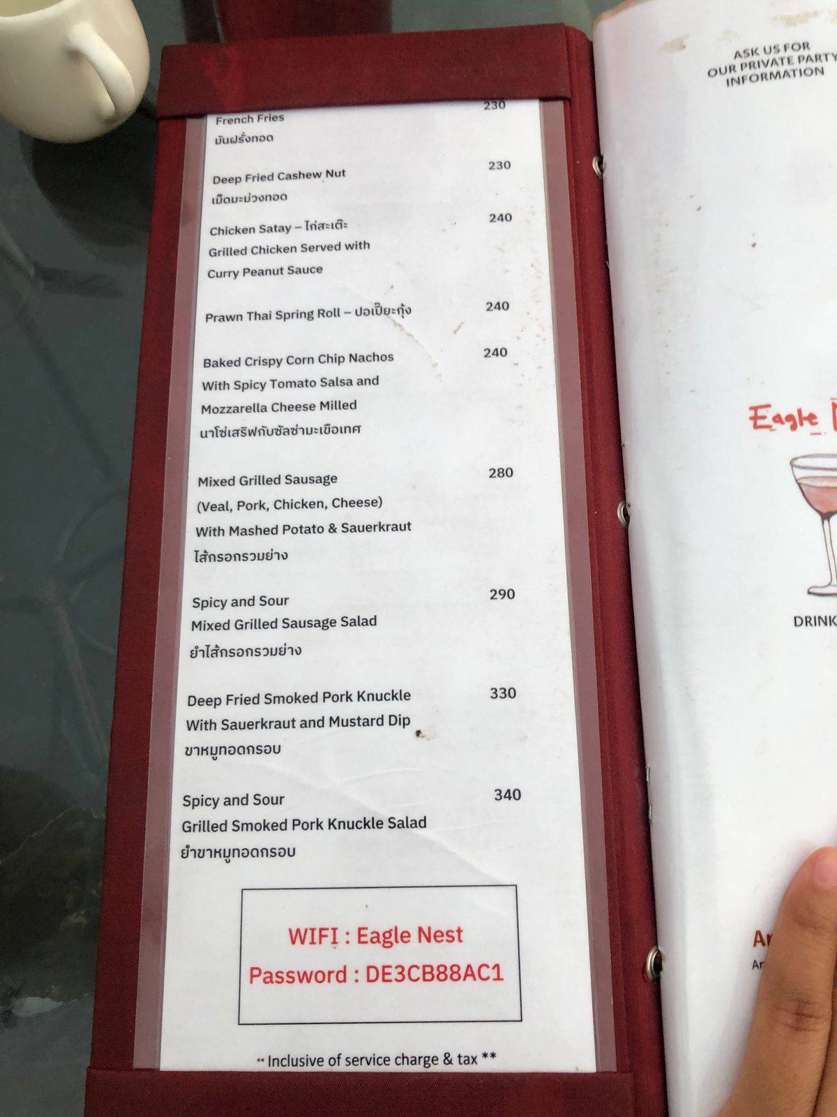 Menu at Eagle Nest Bar, Bangkok