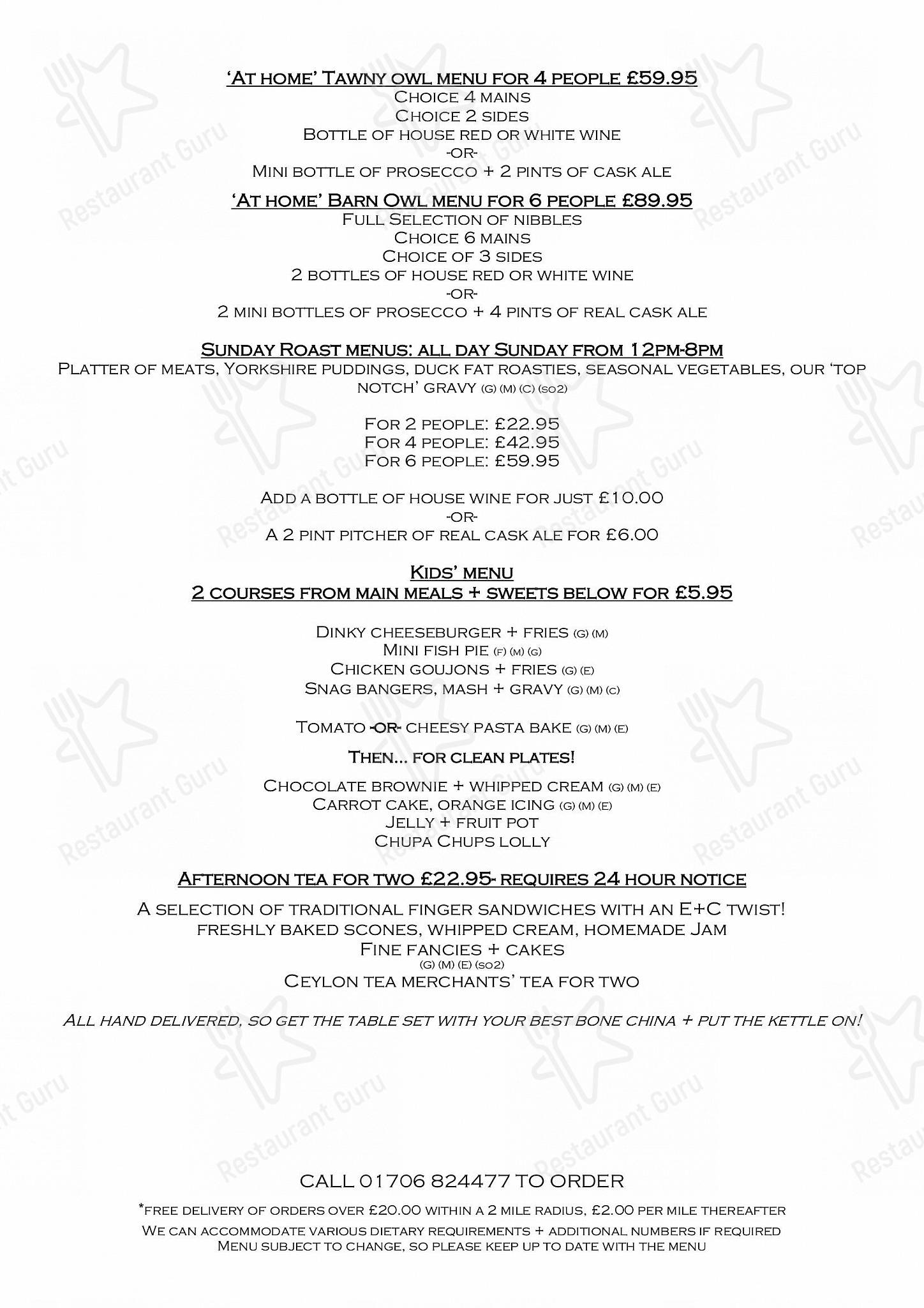 Menu at Eagle & Child Inn pub & bar, Bury, 3 Whalley Rd