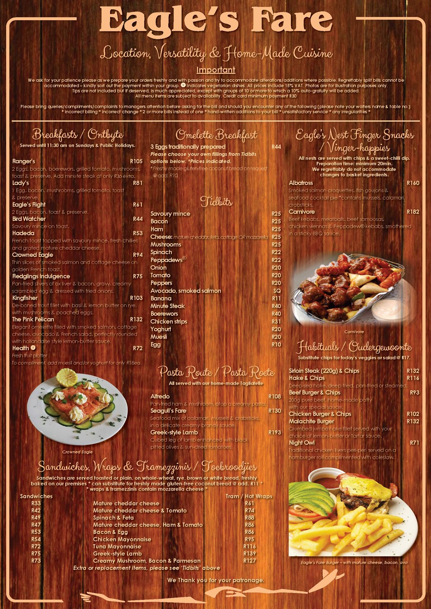 Menu at Eagles Fare Restaurant & Wedding Venue, Roodepoort, Walter ...