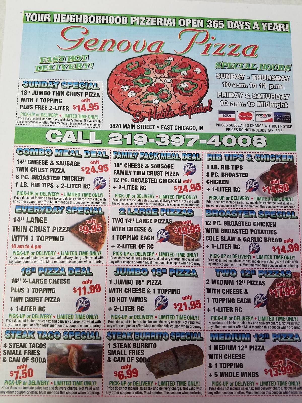 Menu at Genova Pizza pizzeria, East Chicago