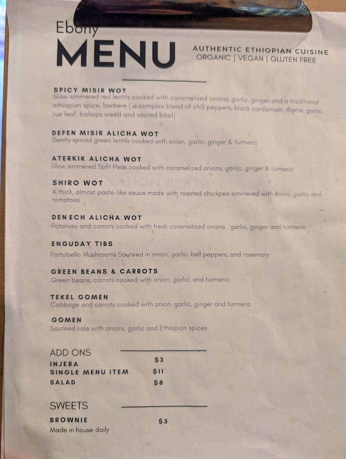 Menu at Ebony Ethiopian Cuisine restaurant, San Luis Obispo