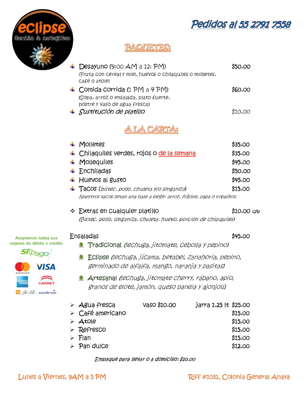 Carta del restaurante Eclipse Comida & Antojitos, Ciudad del México