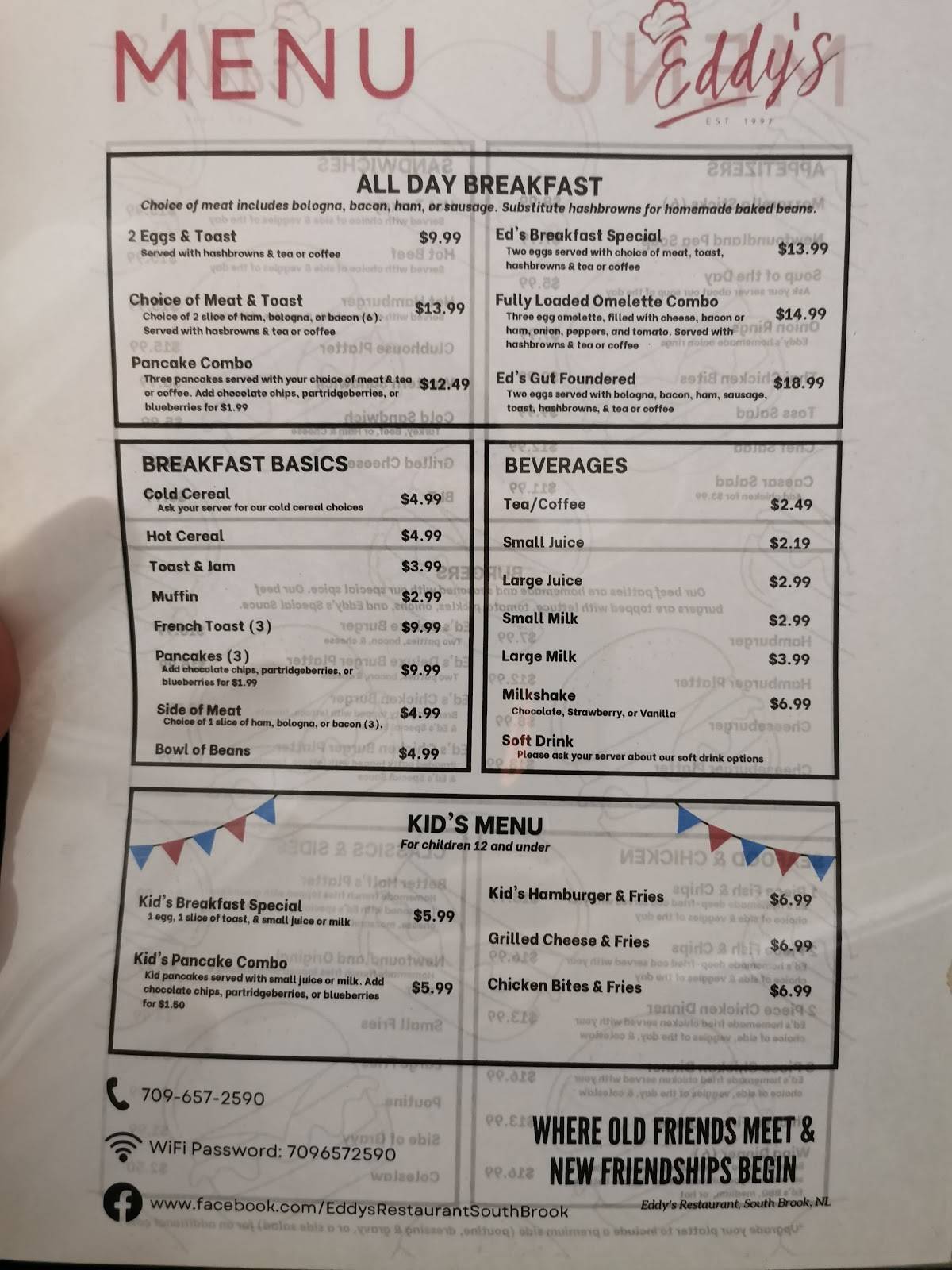 Menu at Eddy's Restaurant And Motel, South Brook