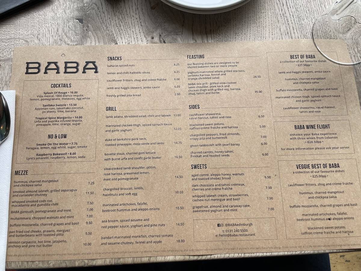 Menu at BABA pub & bar, Edinburgh