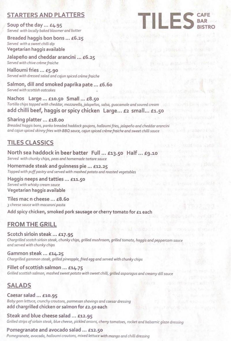 Menu at Tiles Bar, Edinburgh