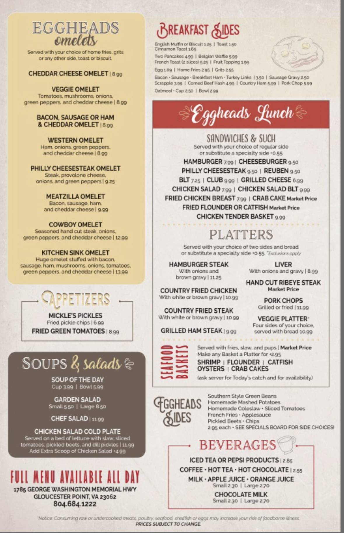 Menu at Eggheads Diner restaurant, Gloucester Point