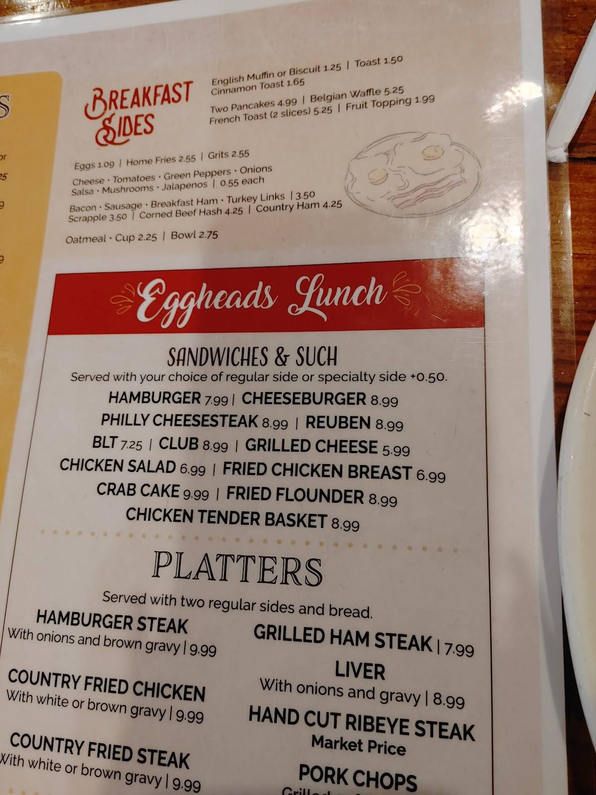 Menu at Eggheads Diner restaurant, Gloucester Point