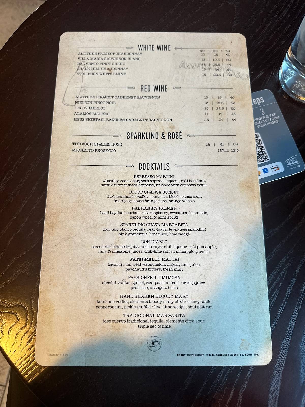 Menu at Eighteen-76 restaurant, St. Louis