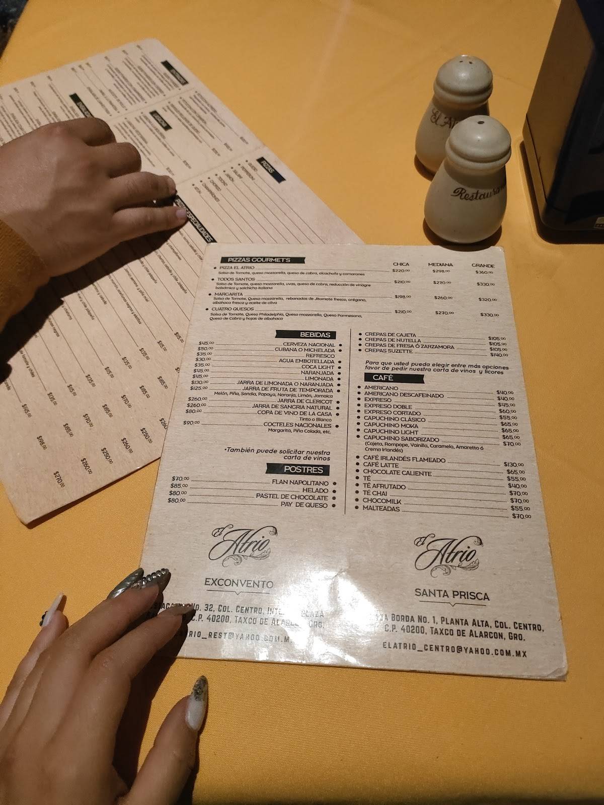 Carta del restaurante El Atrio, Taxco