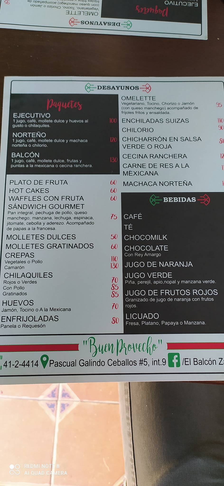 Carta del restaurante El Balcon, Ciudad Guzmán