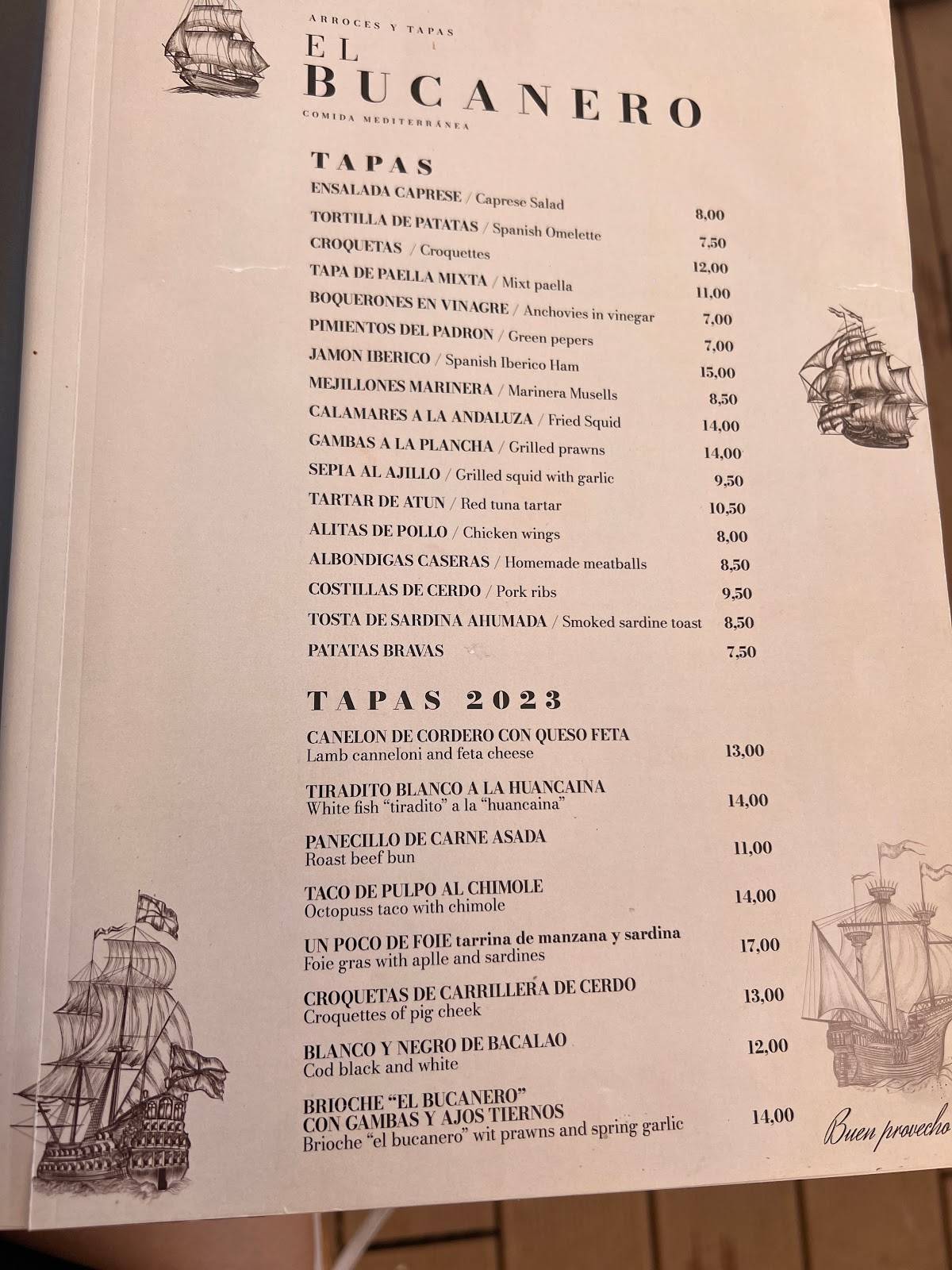 Carta del restaurante El Bucanero, Ibiza