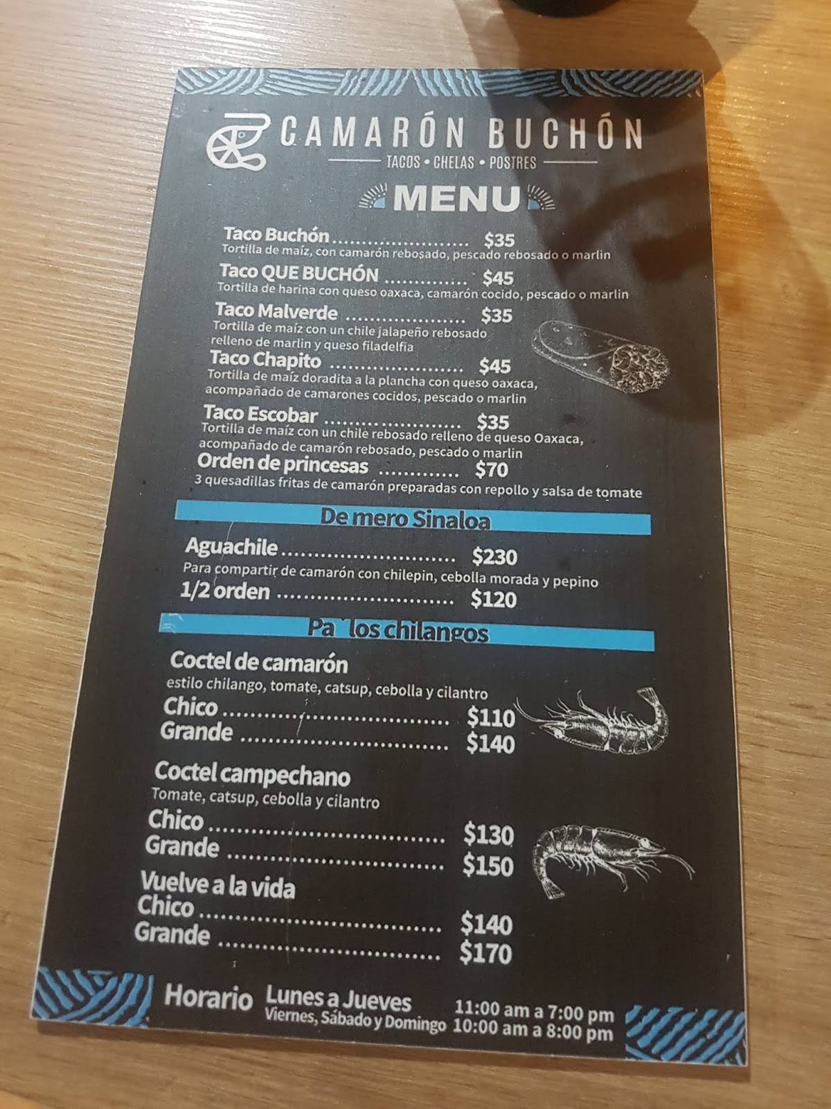 Carta del restaurante El Camarón Buchón Narvarte, Ciudad López Mateos