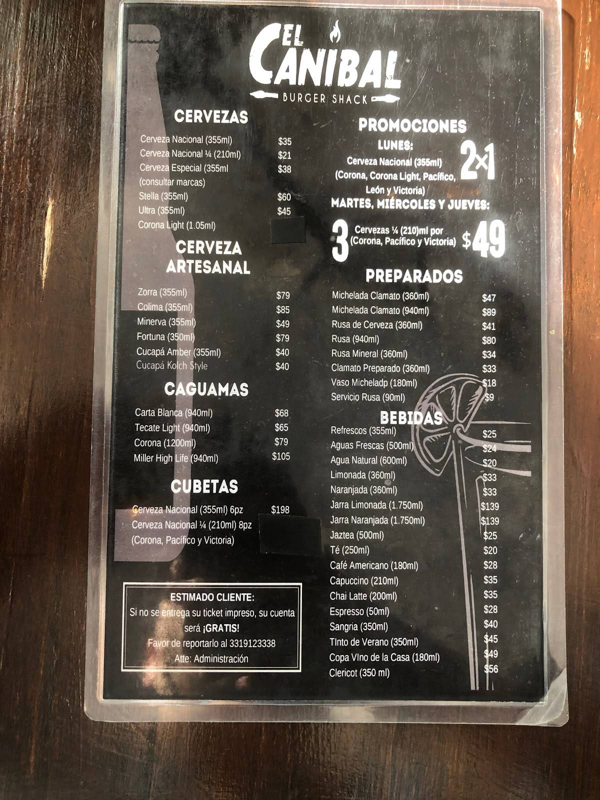 Carta del restaurante El Canibal Burger Shack, Guadalajara, Av del Las ...