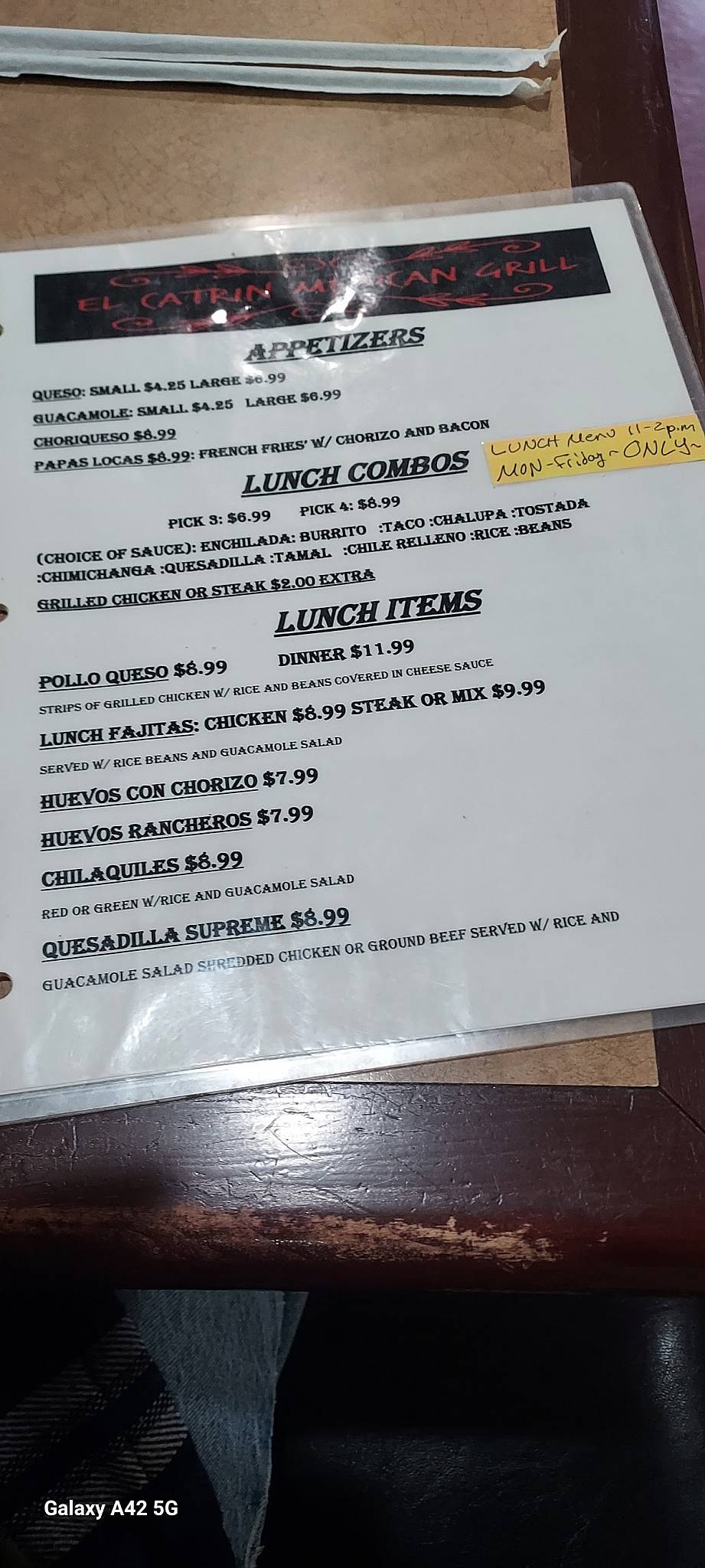 Menu at El Catrin Mexican Grill restaurant, Drumright