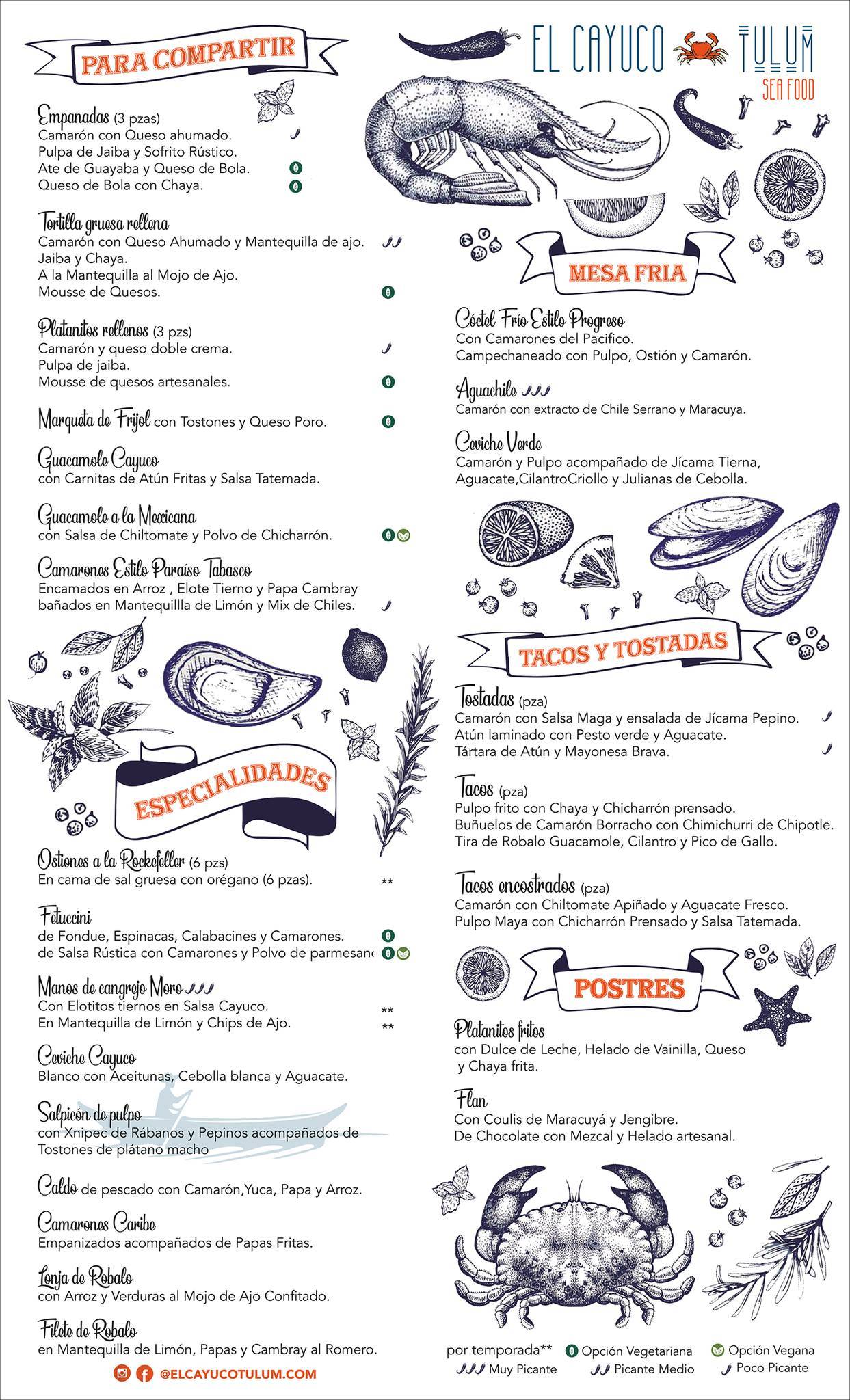Carta del restaurante El Cayuco Tulum, Tulum