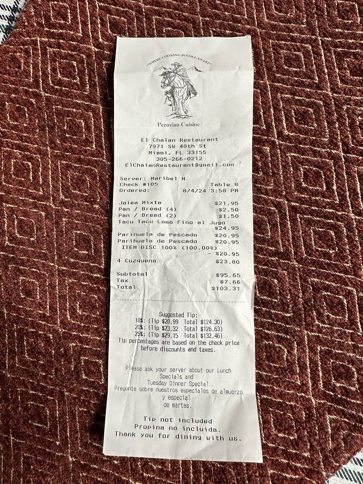Menu at El Chalan Restaurant, Miami