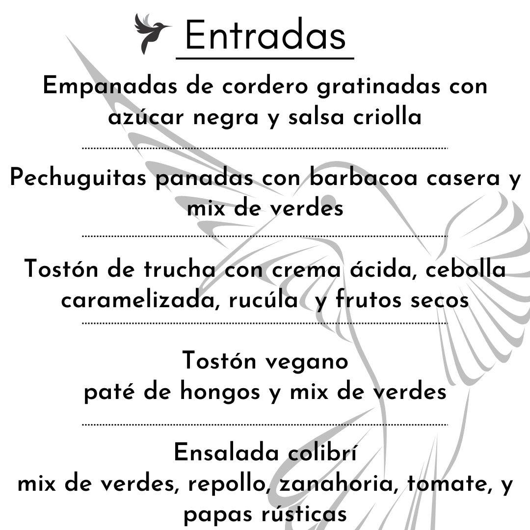 Carta del restaurante El Colibrí, Lago Puelo