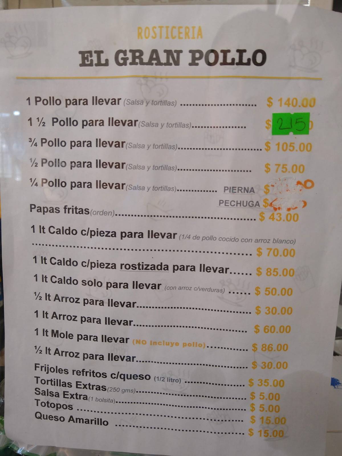 Carta del restaurante El Gran Pollo, Chihuahua, Avenida Universidad 2304