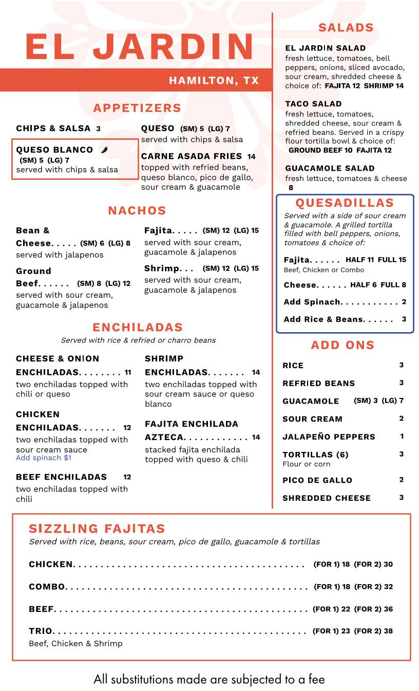 Menu at El Jardin restaurant, Hamilton