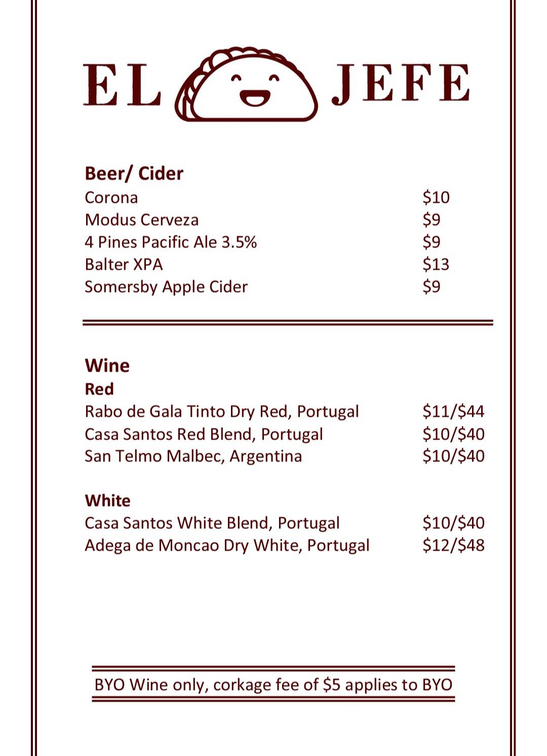 Menu at El Jefe Restaurant, North Sydney