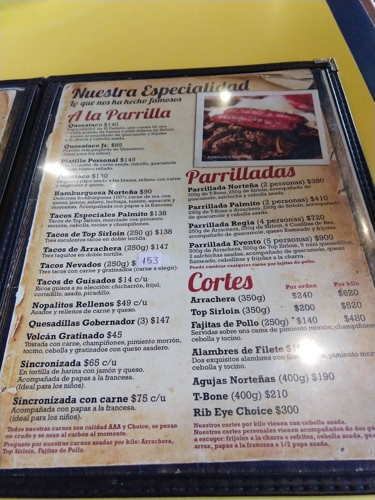 Carta del restaurante El Palmito, Monterrey, Av. Eugenio Garza Sada #3973