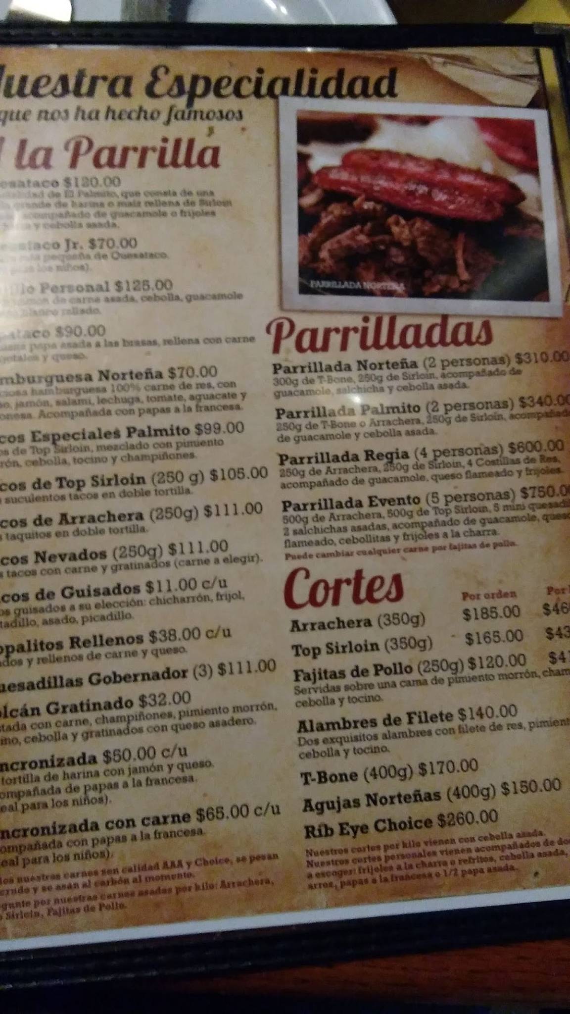 Carta del restaurante El Palmito, Monterrey, Av. Eugenio Garza Sada #3973