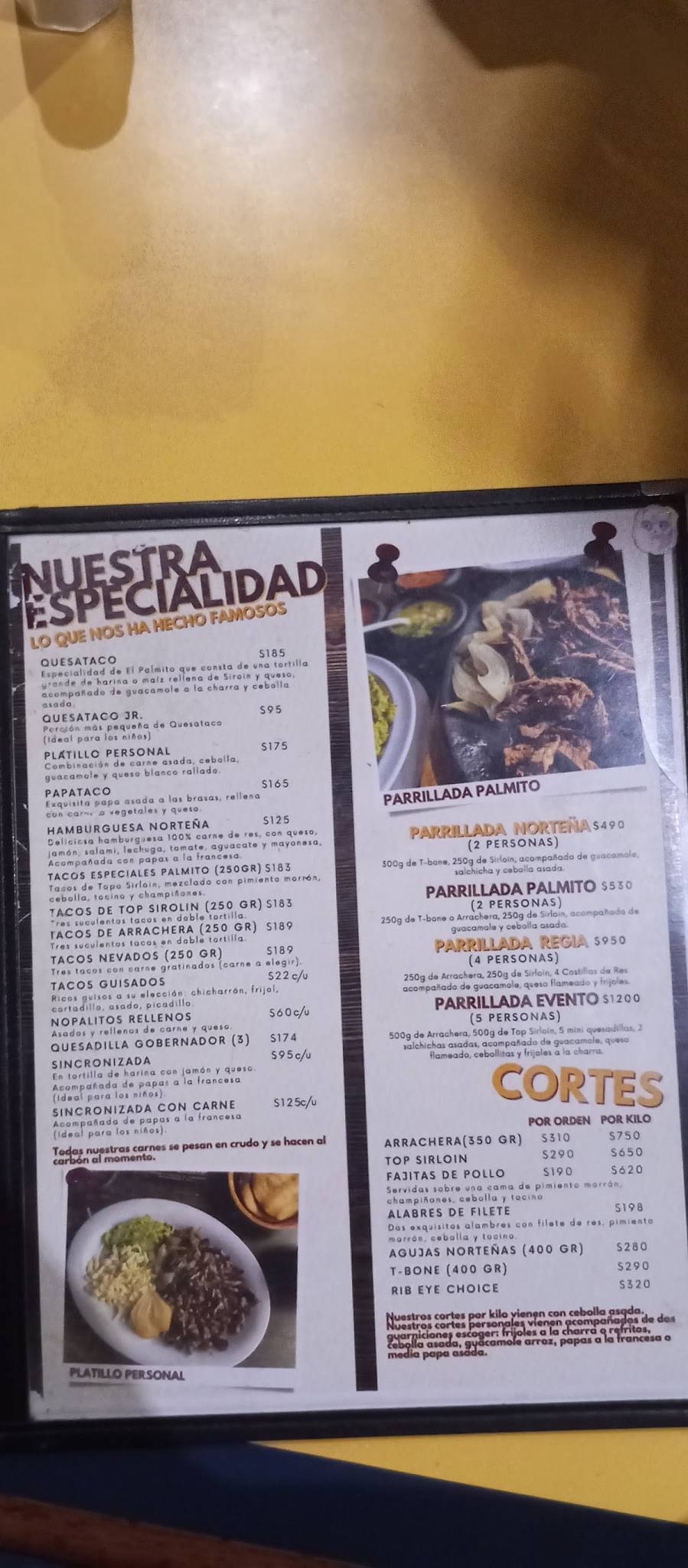 Carta del restaurante El Palmito, Monterrey, Av. Eugenio Garza Sada #3973