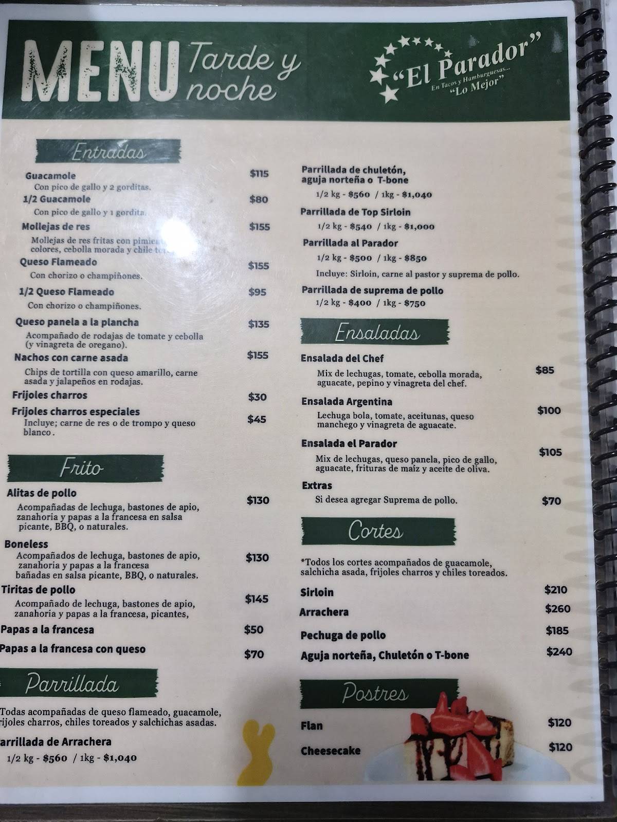Carta del restaurante El Parador, Apodaca