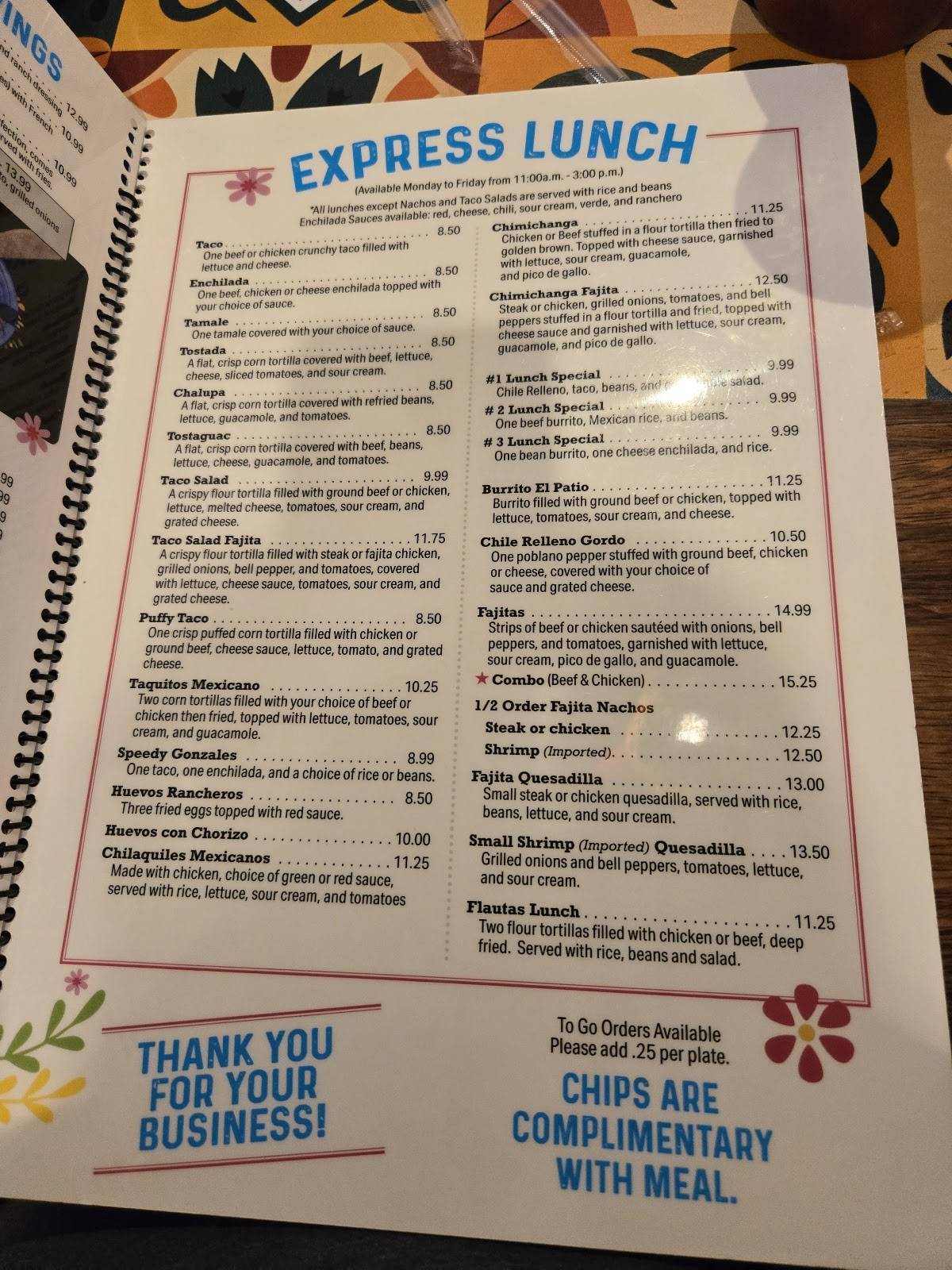 Menu at El Patio restaurant, Many, 180 San Antonio Ave