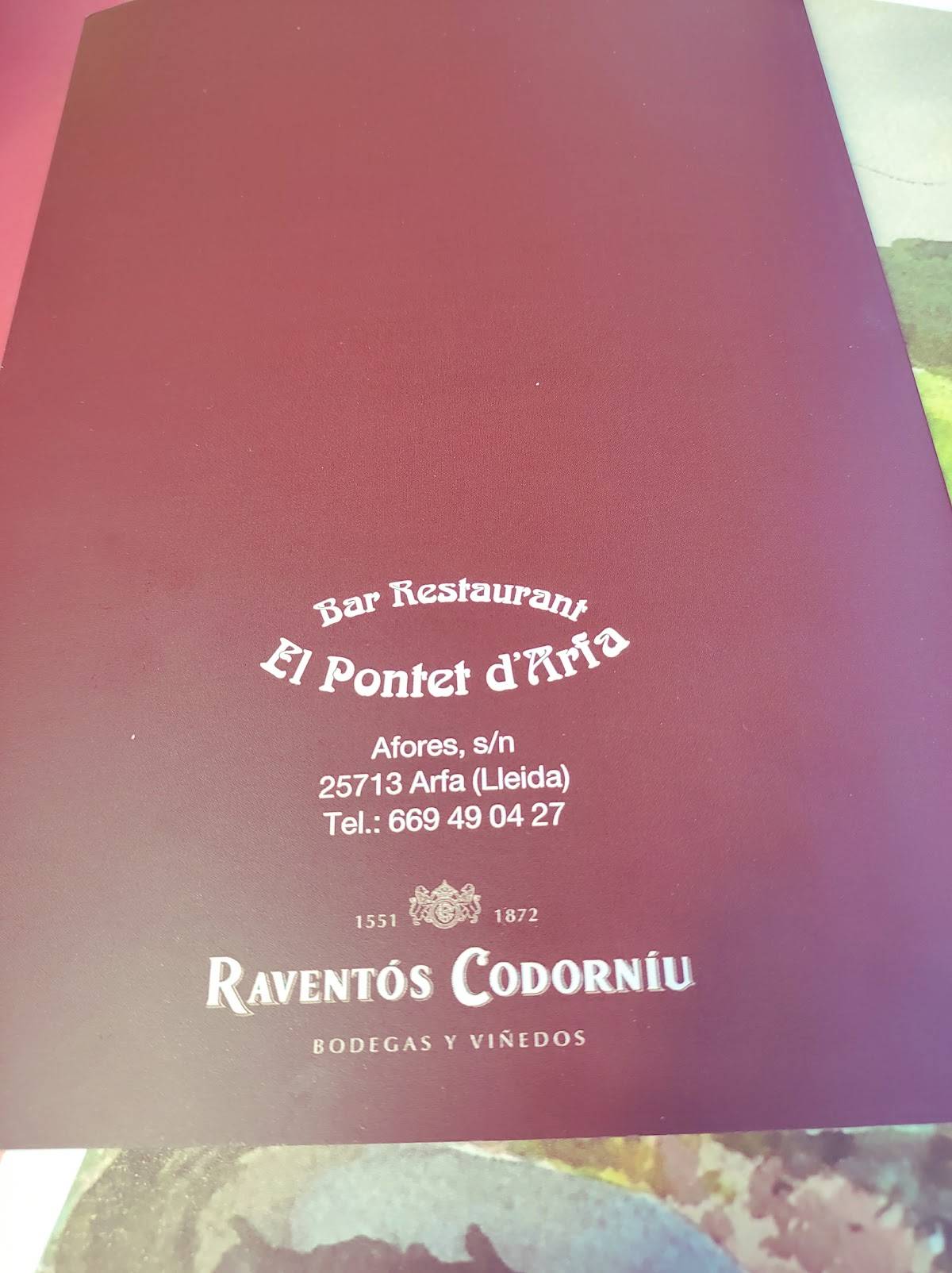 Carta del pub y bar El Pontet d'Arfa, Arfa