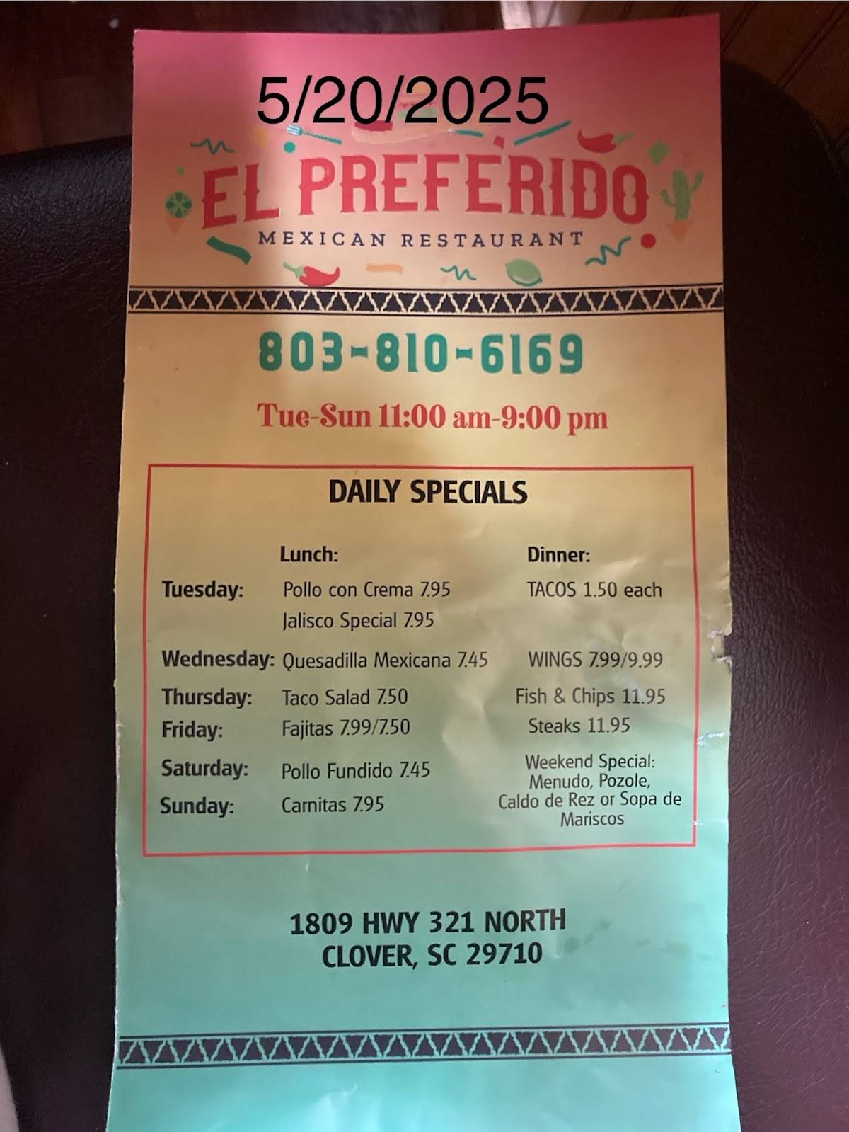 Menu at El Preferido Mexican Restaurant, Clover