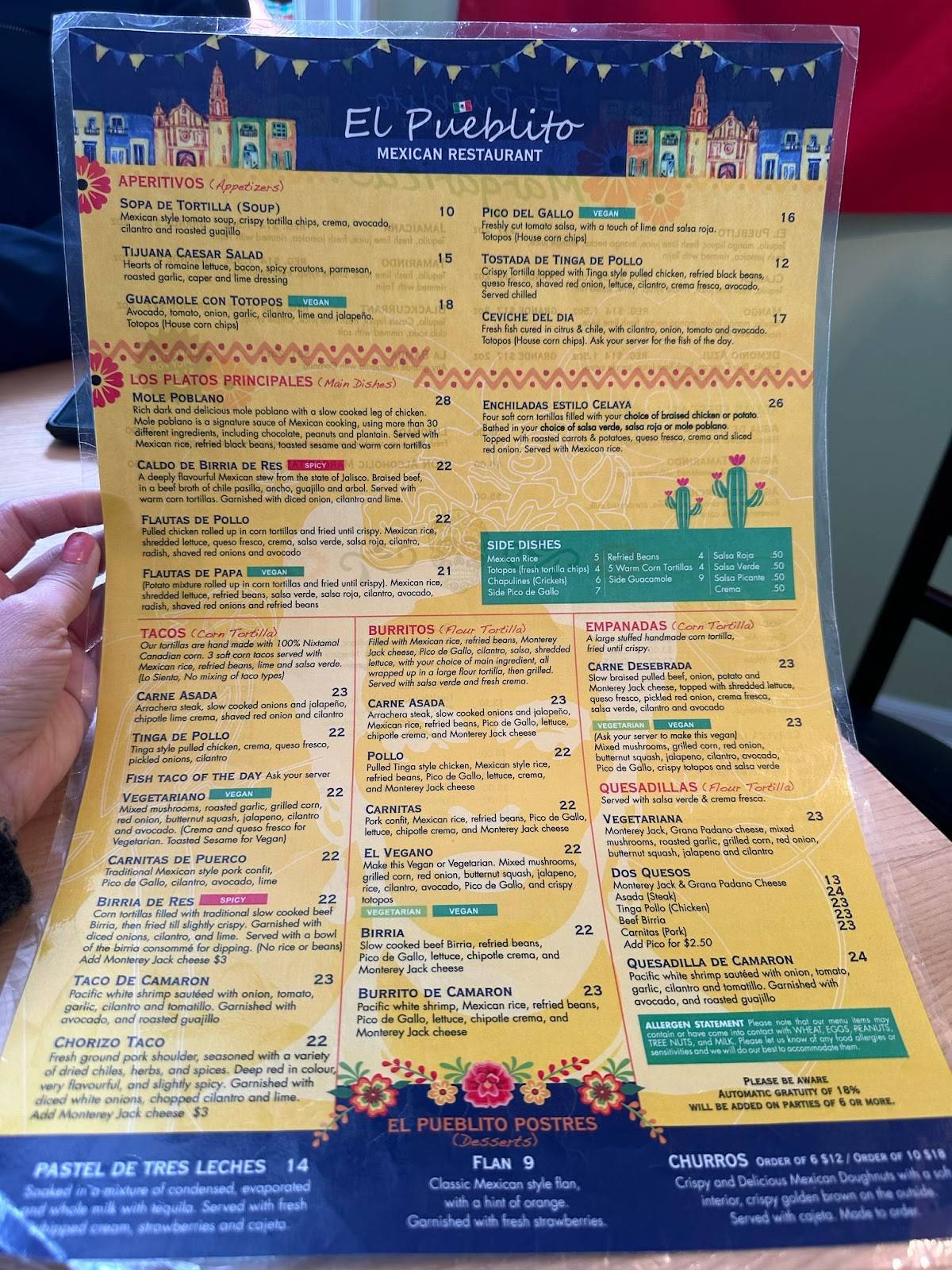 Menu at El Pueblito restaurant, Bracebridge