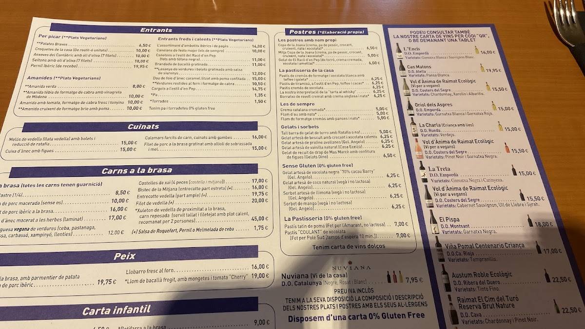 Menu at El Racó d'en Pep restaurant, Sant Gregori, afores