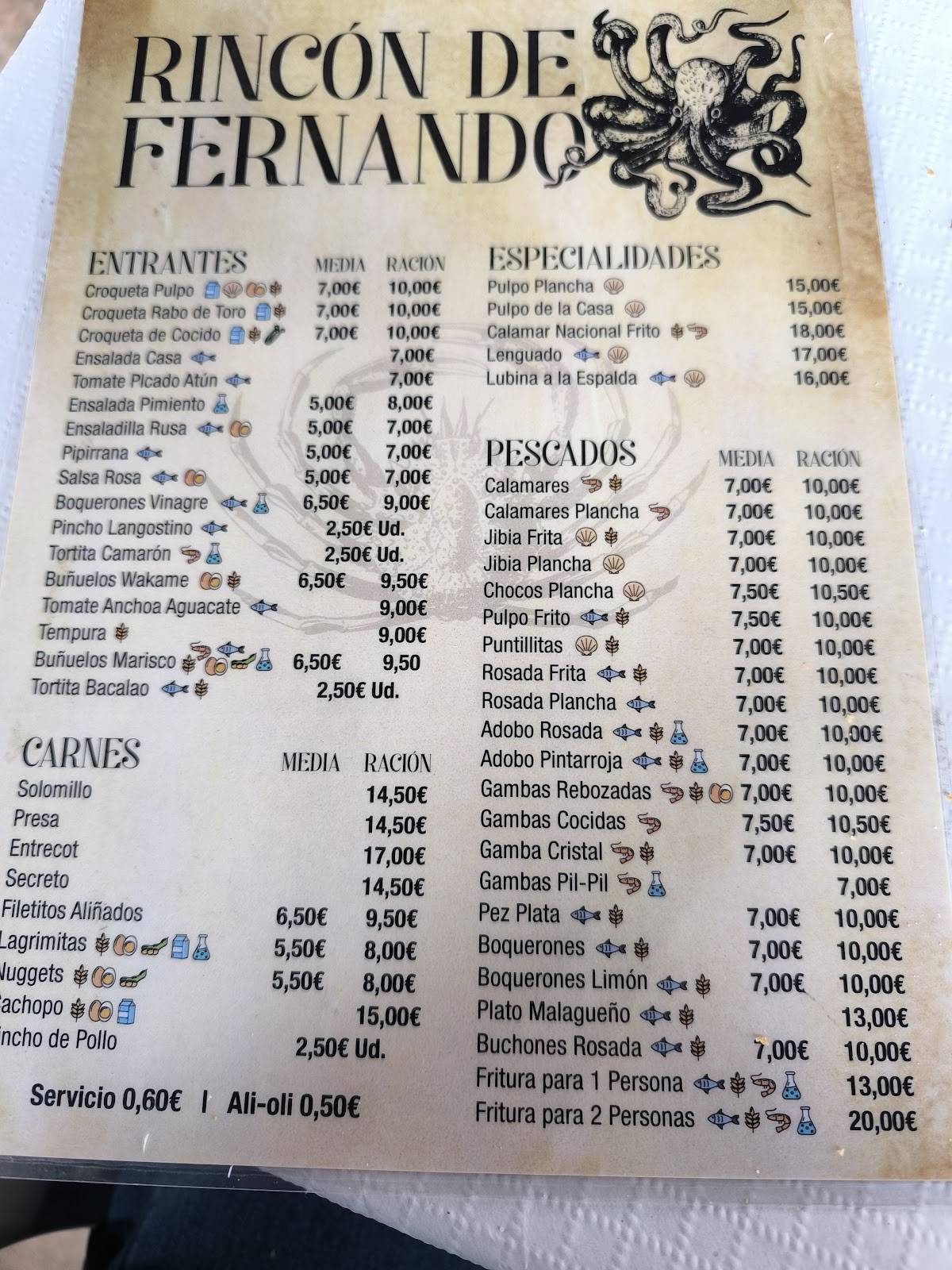 Carta del restaurante El Rincón del Fernando, Málaga