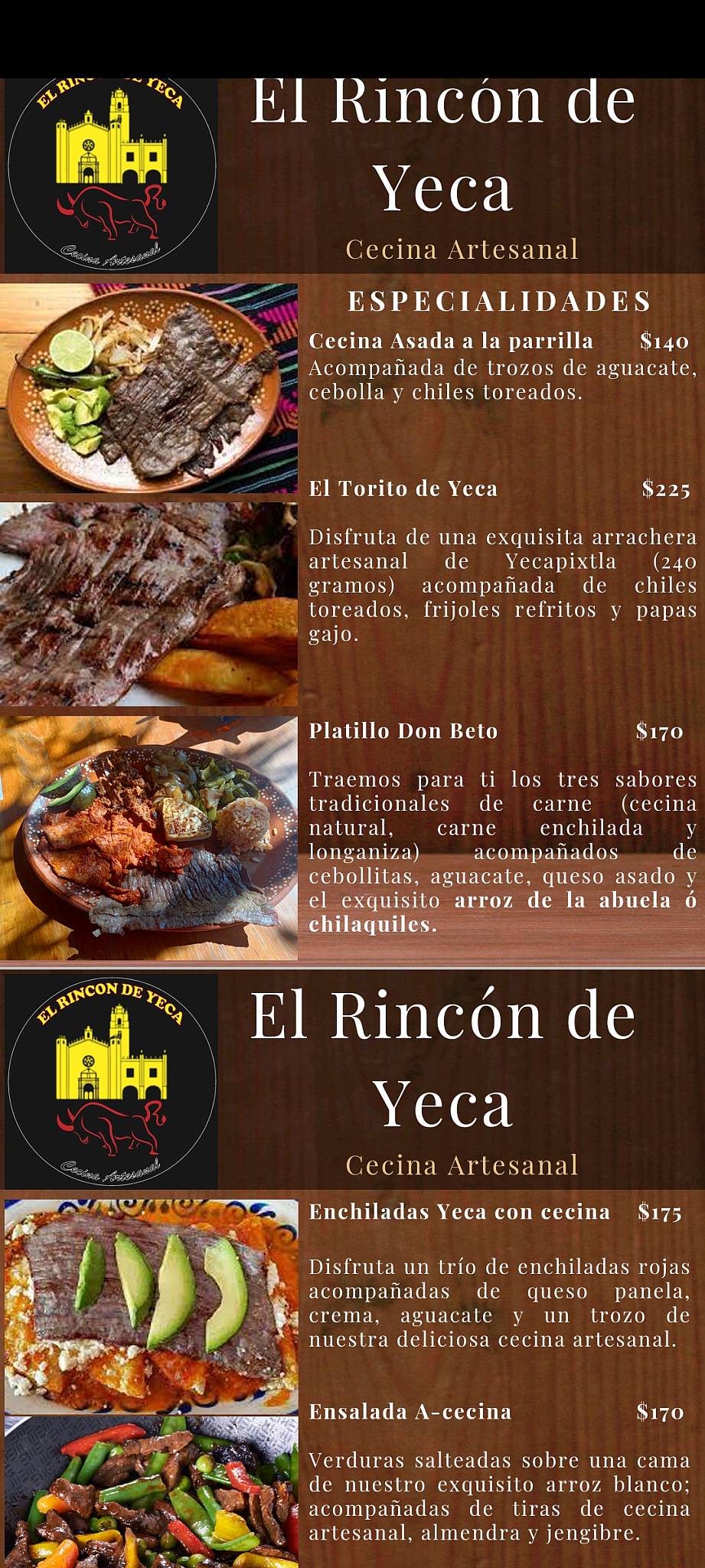 Menu at El Rincón de Yeca restaurant, Mexico City